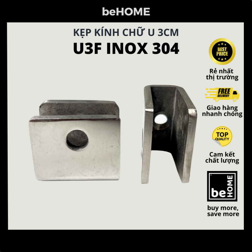 PÁT KỆ KIẾNG INOX 304 CHỮ U - Pát kệ kính nhà tắm U 3cm - Kẹp kính chữ U bản 3cm (1 cái ...