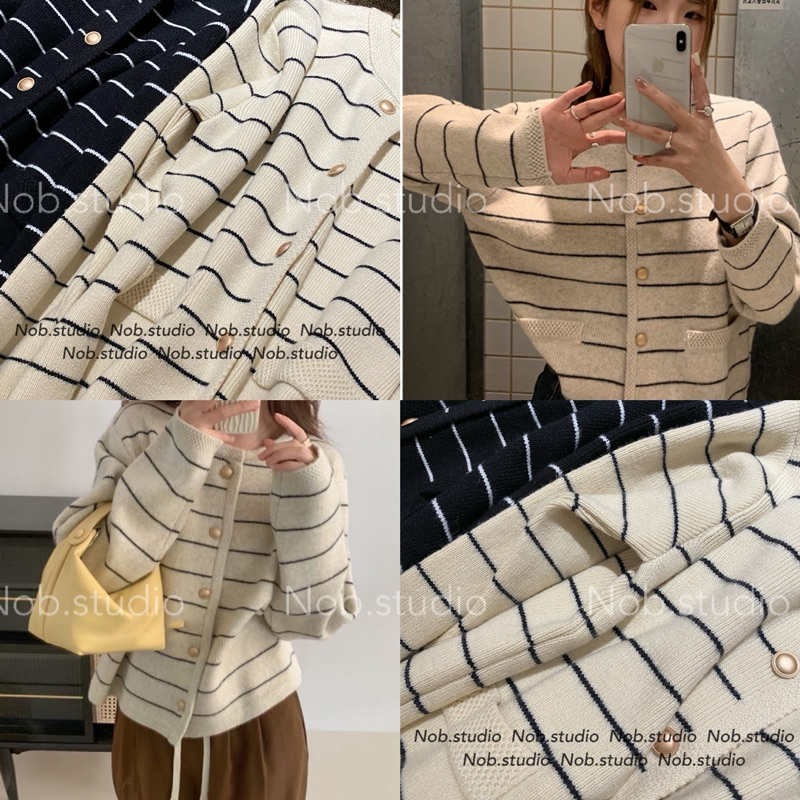 [Sẵn - Ảnh thật cận chất] Áo cardigan len kẻ ngang cúc đồng dày dặn đứng form @nobstudio ...