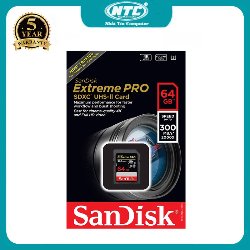 Thẻ nhớ máy ảnh 2000X SDXC SanDisk Extreme Pro 64GB U3 V90 UHS-II đọc 300MB/s ghi 260MB/s (đen ...