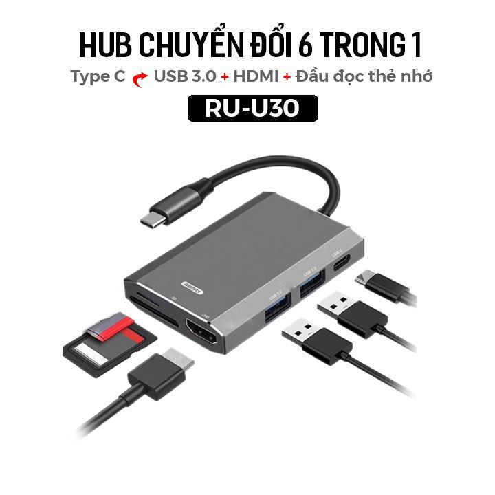 Hub chuyển đổi cao cấp 6 in 1 cổng Type C ra USB 3.0 + HDMI + Đầu đọc thẻ nhớ Remax RU-U30 ...