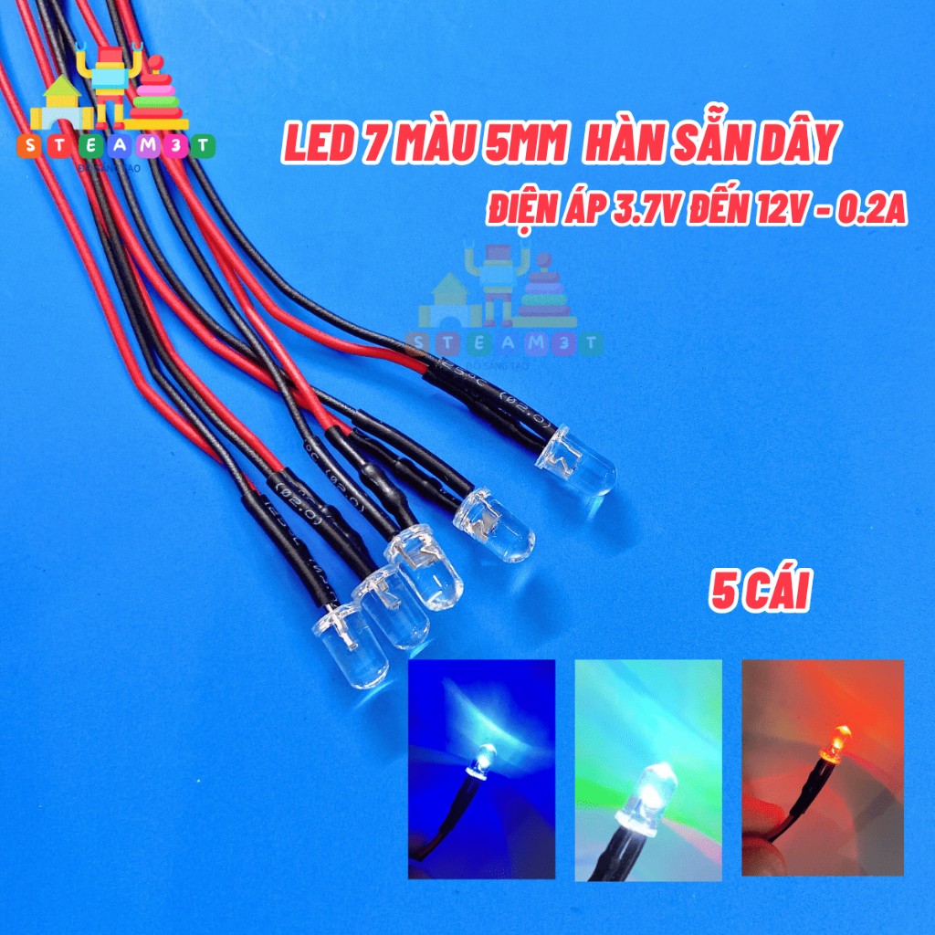 5 Đèn Led 7 màu đổi màu - Đèn LED 5MM Điốt Phát Sáng Có Dây 3.7V 5/6/7 ...