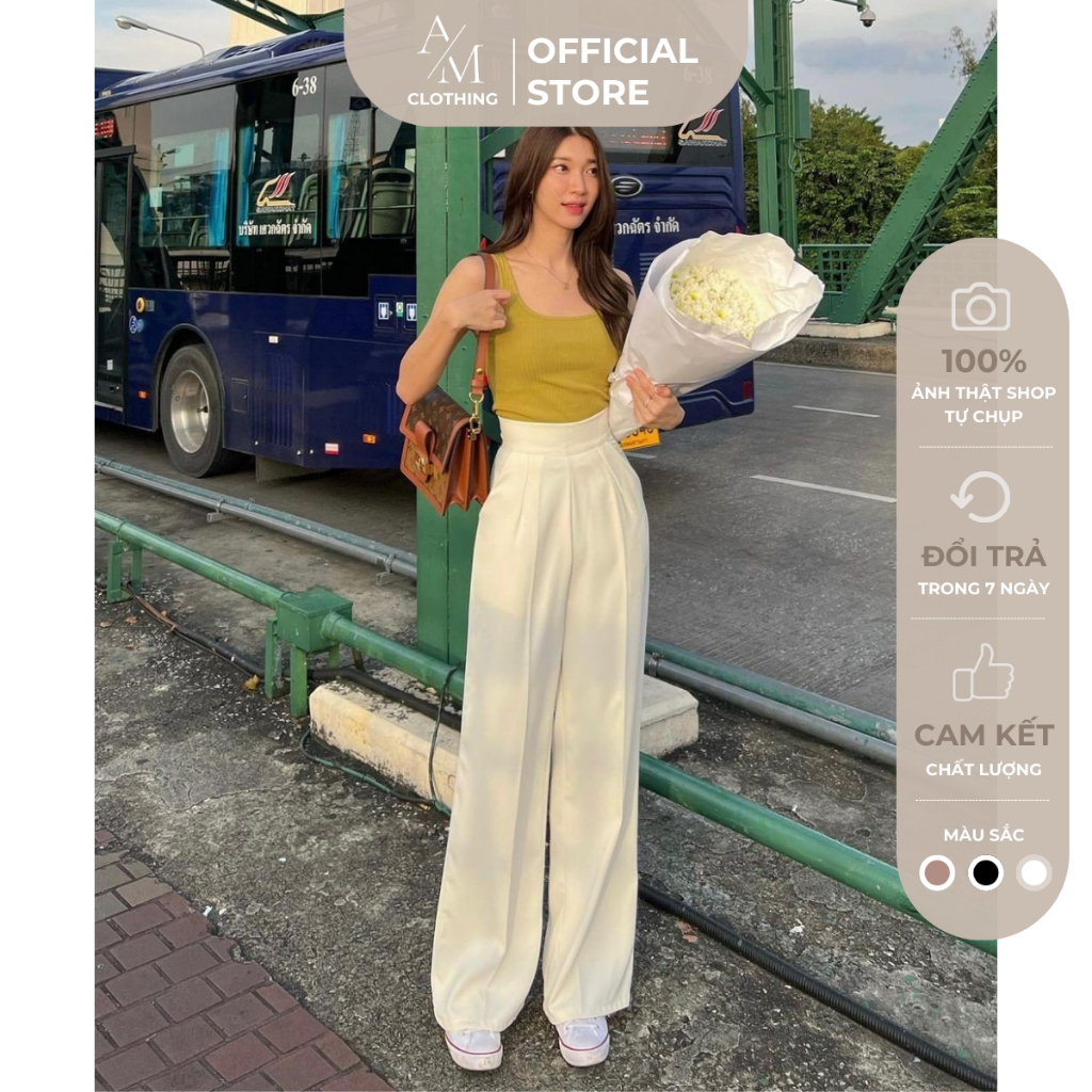 Quần ống rộng nữ lưng cao AMY dáng suông cạp cao dáng siêu dài 100cm tôn dáng vải không nhăn xù ...