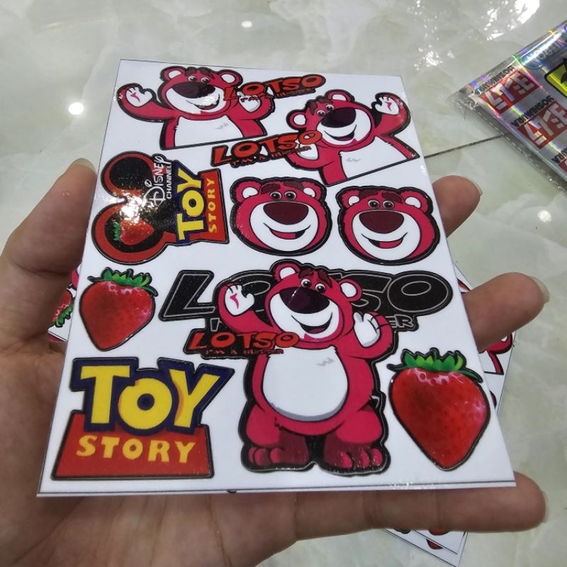 Combo logo gấu dâu lotso mini dễ thương dán trang trí xe máy, điện ...