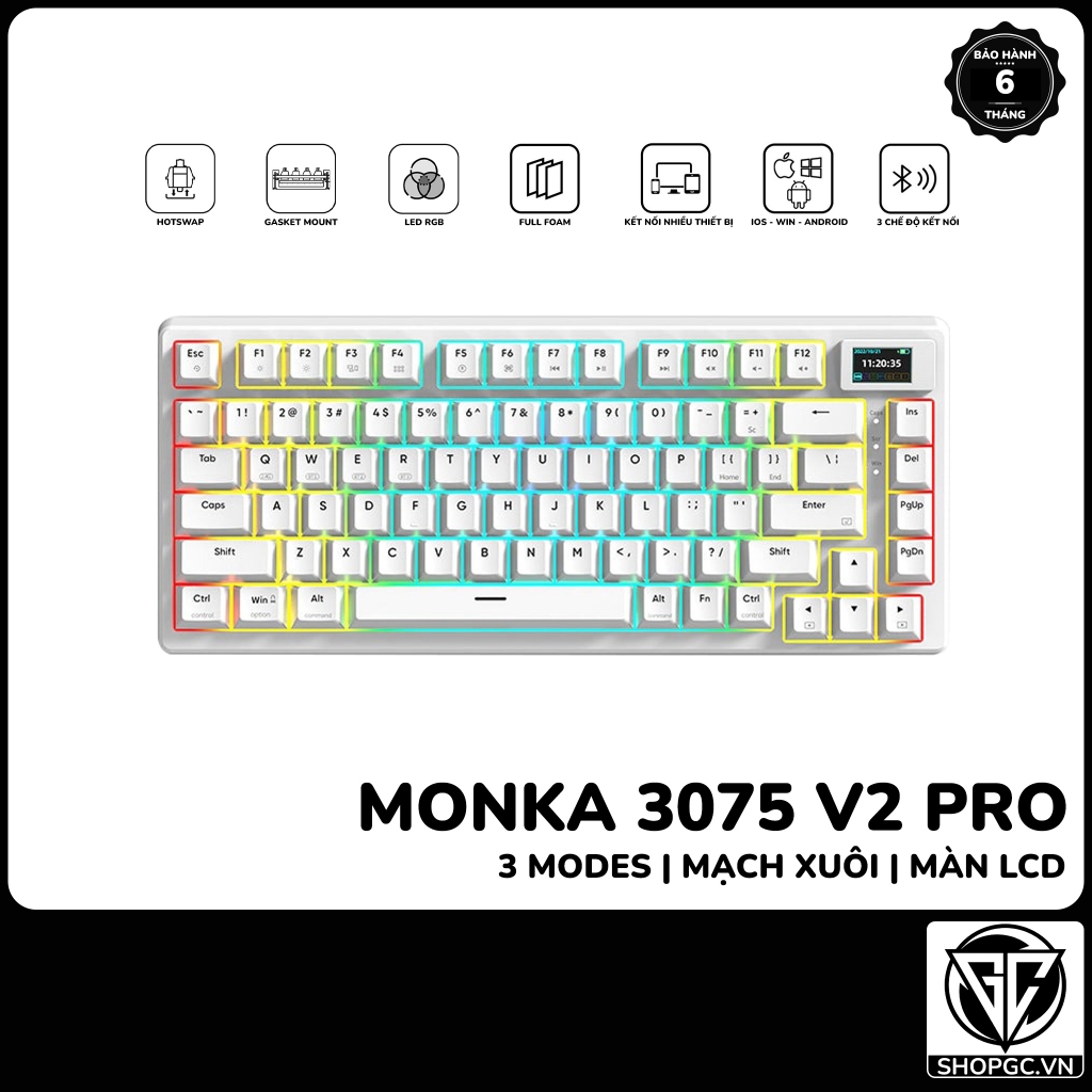 Monka 3075 V2 Pro | Bàn phím cơ Monka 3075 V2 Pro Mạch Xuôi - Led RGB - Kết Nối 3 MODE - Màn ...