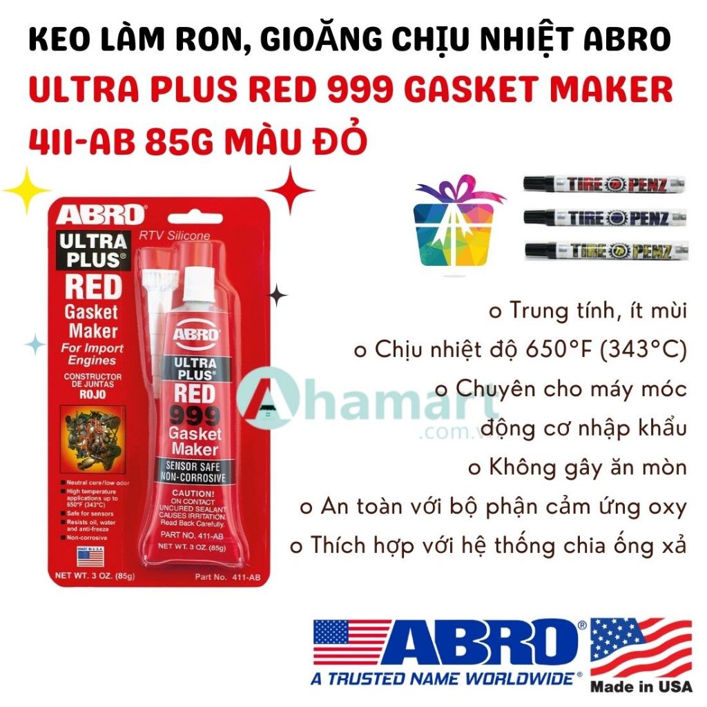 Keo silicone RTV làm gioăng, ron chịu nhiệt Abro Ultra Plus Red 999 Gasket Maker 411-AB 85g màu ...