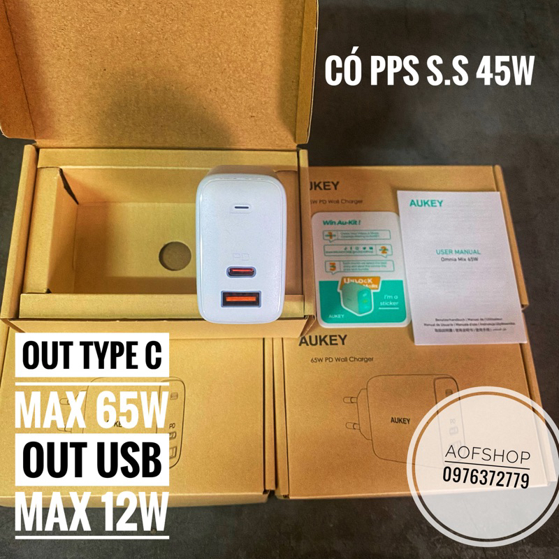 Củ sạc nhanh AUKEY PA-B3 65W 2 cổng -Bộ sạc laptop PD 3.0 QC 4.0 45W ...