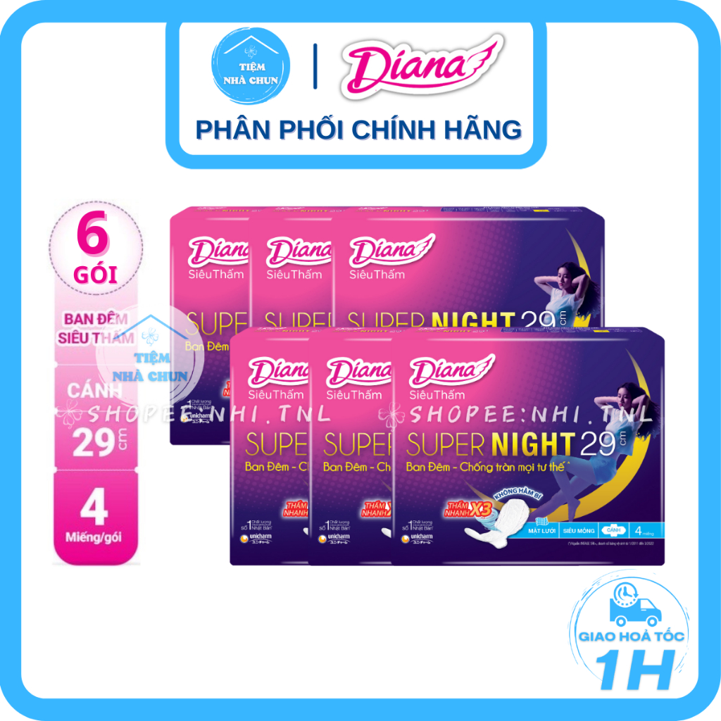 CHE TÊN BVS - Bộ 6 Gói 4 Miếng 29cm Băng Vệ Sinh Ban Đêm Diana Siêu ...