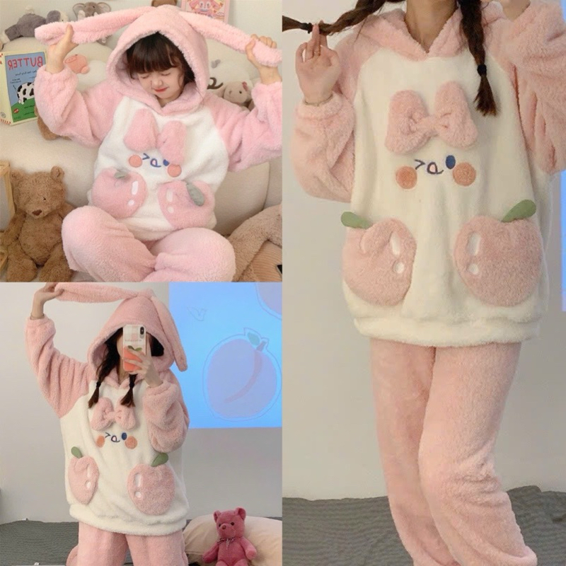 Bộ đồ ngủ lông cừu mũ tai thỏ thêu trái đào dễ thương, Sét bộ mặc nhà ...