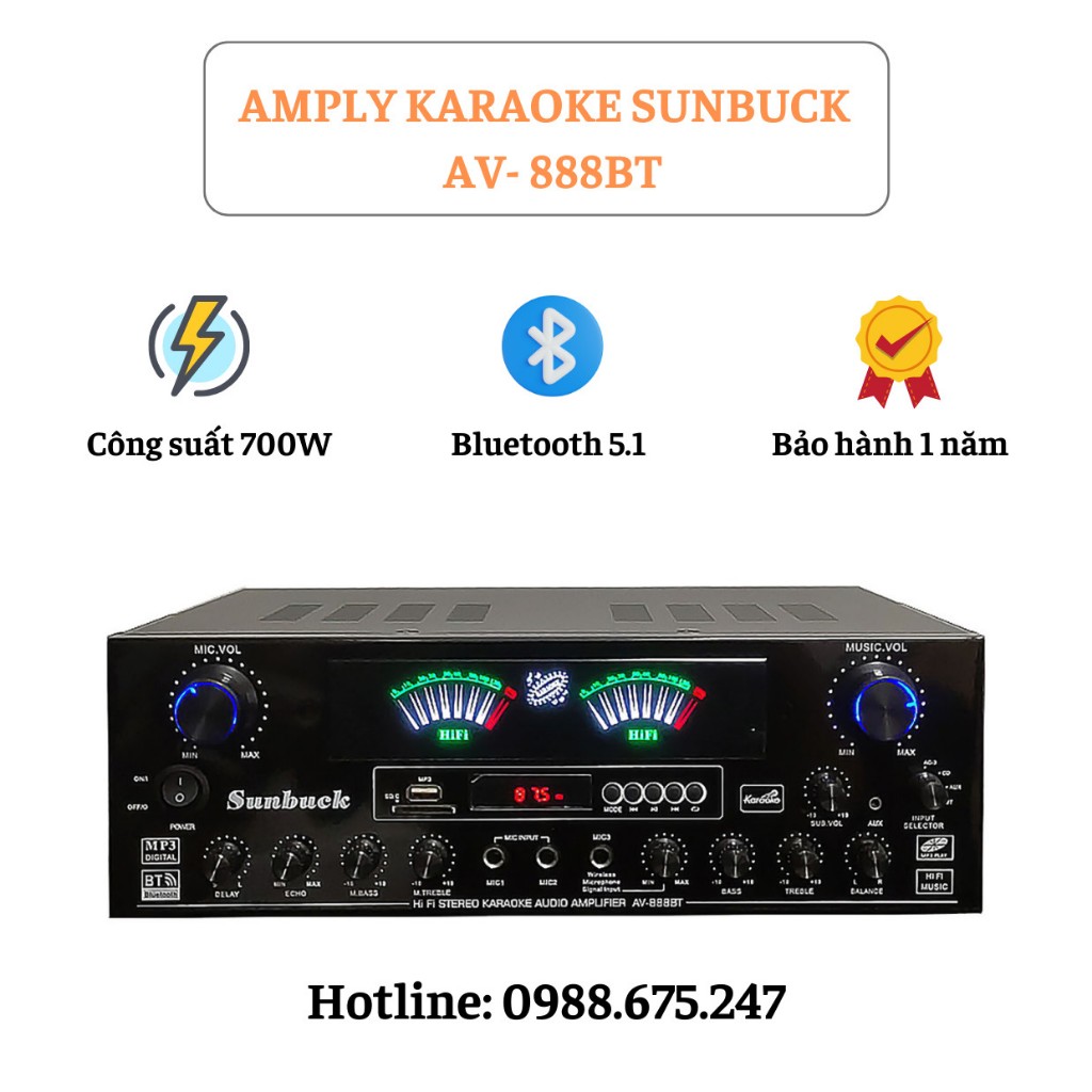 Amply bluetooth Sunbuck AV- 888BT, amply karaoke chính hãng công suất lớn, âm bass siêu trầm ...