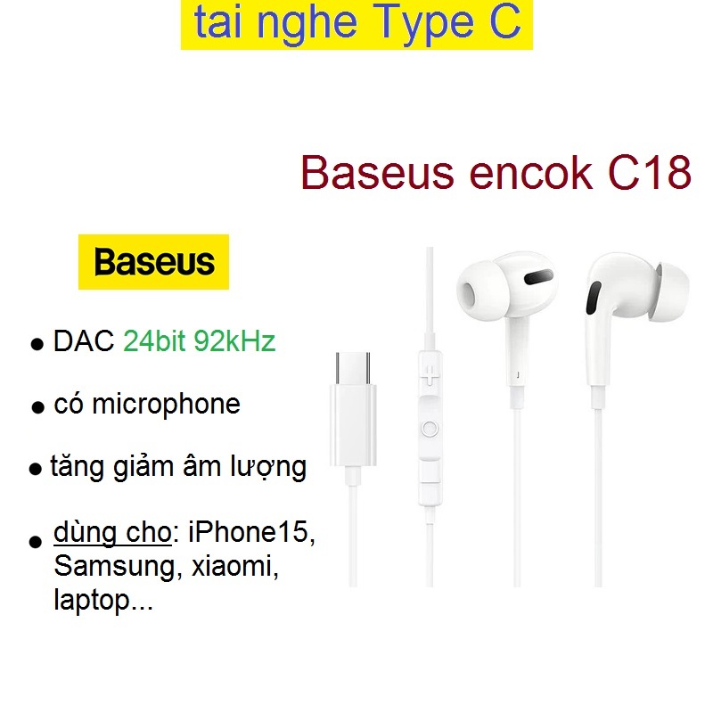 Tai nghe Type C Baseus Encok C18 có mic tích hợp chip giải mã DAC 24bit ...