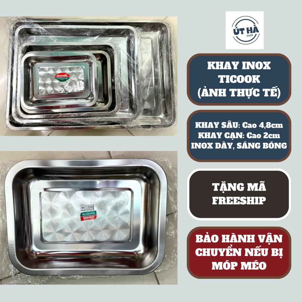 Khay inox hình chữ nhật đựng thức ăn, topping, khay inox đựng đồ, mâm inox hình chữ nhật sâu ...