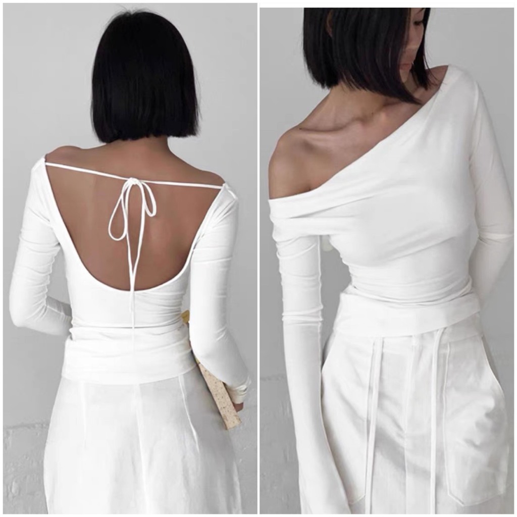 Áo thun trễ vai hở lưng sang trọng Unnie Áo hở lưng tay dài cotton thun lụa mỏng mát dự tiệc ...