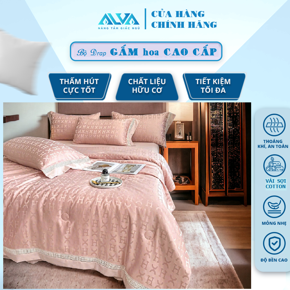 Bộ CHĂN GA LỤA COTTON GẤM IN HOA VÂN CHÌM (5 món CÓ MỀN) CAO CẤP ALVA ...