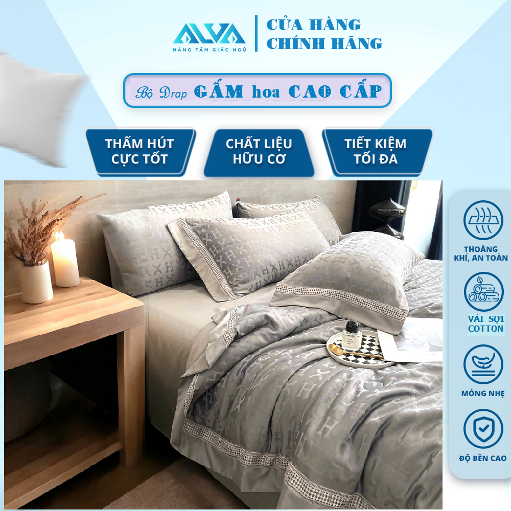 Bộ CHĂN GA LỤA COTTON GẤM IN HOA VÂN CHÌM (5 món CÓ MỀN) CAO CẤP ALVA ...