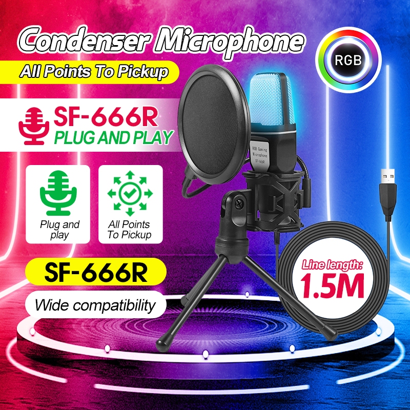Mic livestream có màng lọc âm, micro để bàn SF666R có đèn led, mic usb ...
