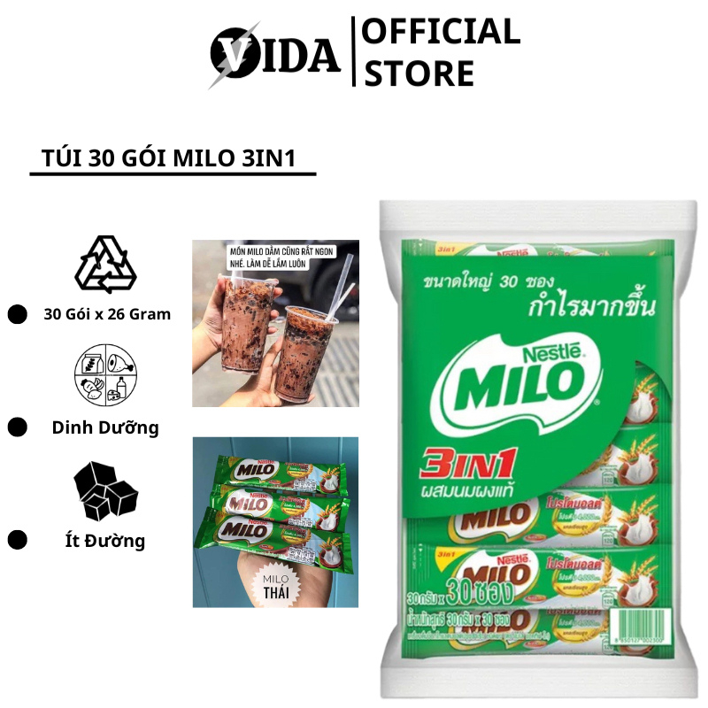 Túi 30 Gói Sữa Milo 3 In 1 Hòa Tan Thái Lan Siêu Ngon,Sữa Milo gói Loại ...