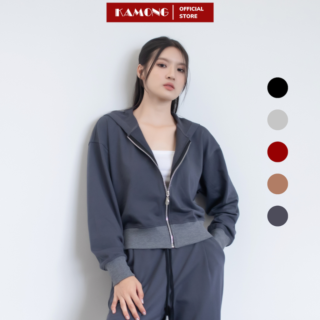 Áo khoác nỉ khoá kéo KAMONG form rộng thu đông croptop trẻ trung A153 ...