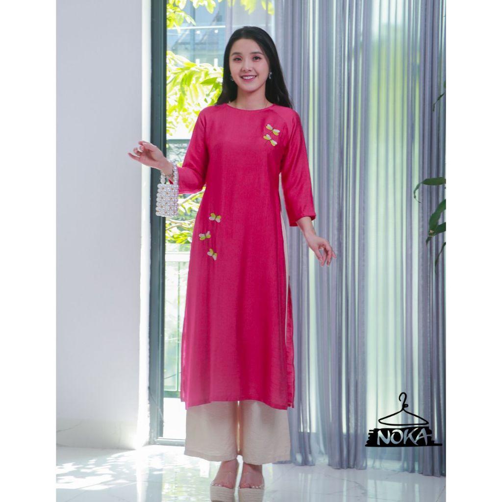 Áo dài cách tân dáng trẻ cổ tròn họa tiết thêu nổi form suông AD22 NOKA ...