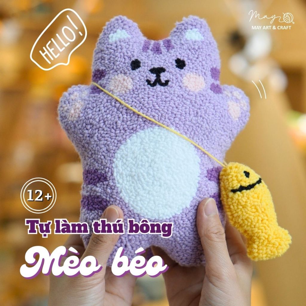 Set gấu bông tự làm thủ công mẫu MÈO TÍM bằng thêu len nổi punch needle ...