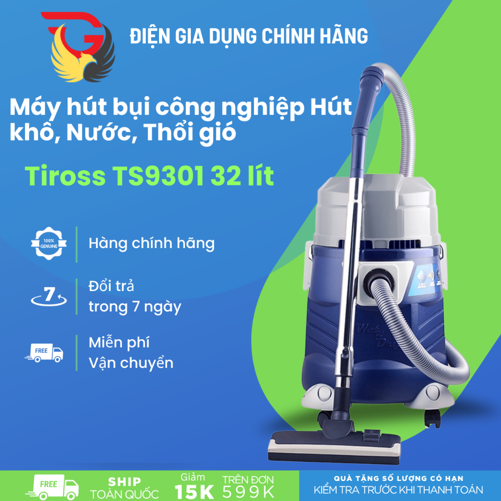 Máy hút bụi công nghiệp Tiross TS9301 32 lít, Công suất cực lớn, Hút ...