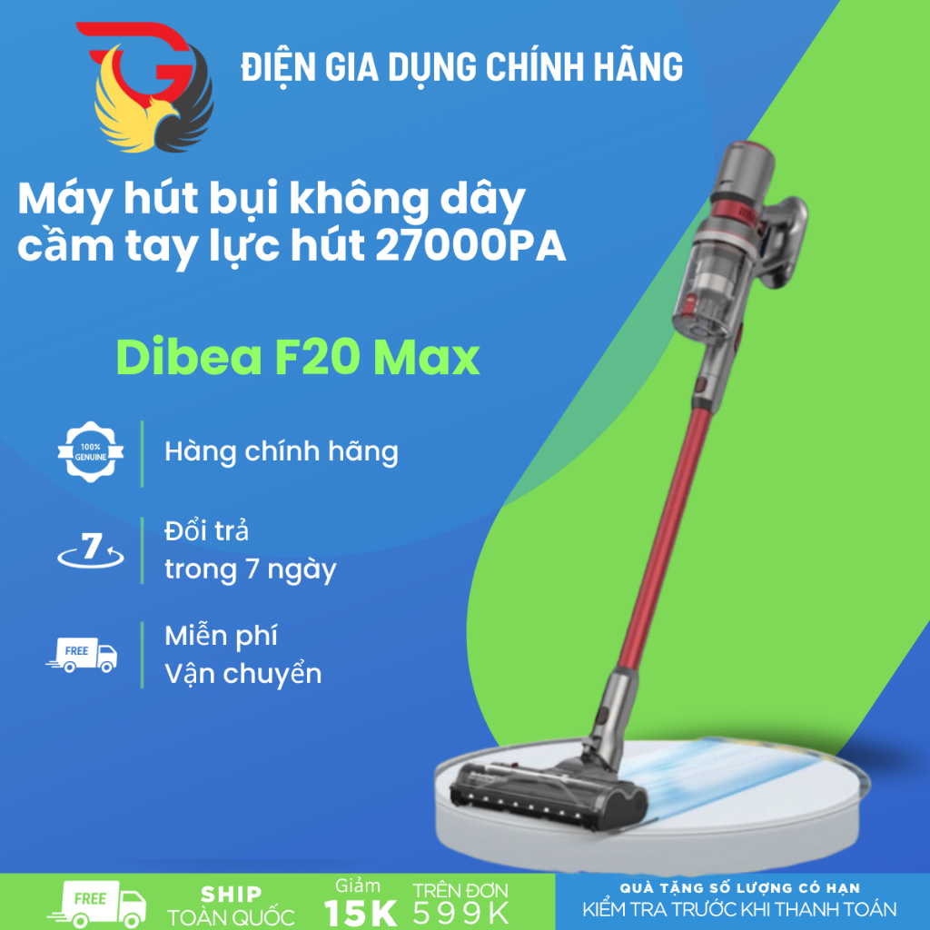 Máy hút bụi không dây cầm tay Dibea F20 Max lực hút siêu mạnh, 3 cấp độ hút, tiết kiệm năng ...