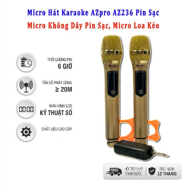 Mic Hát Karaoke AZpro AZ 236 Pin Sạc, Micro Không Dây Pin Sạc, Micro ...