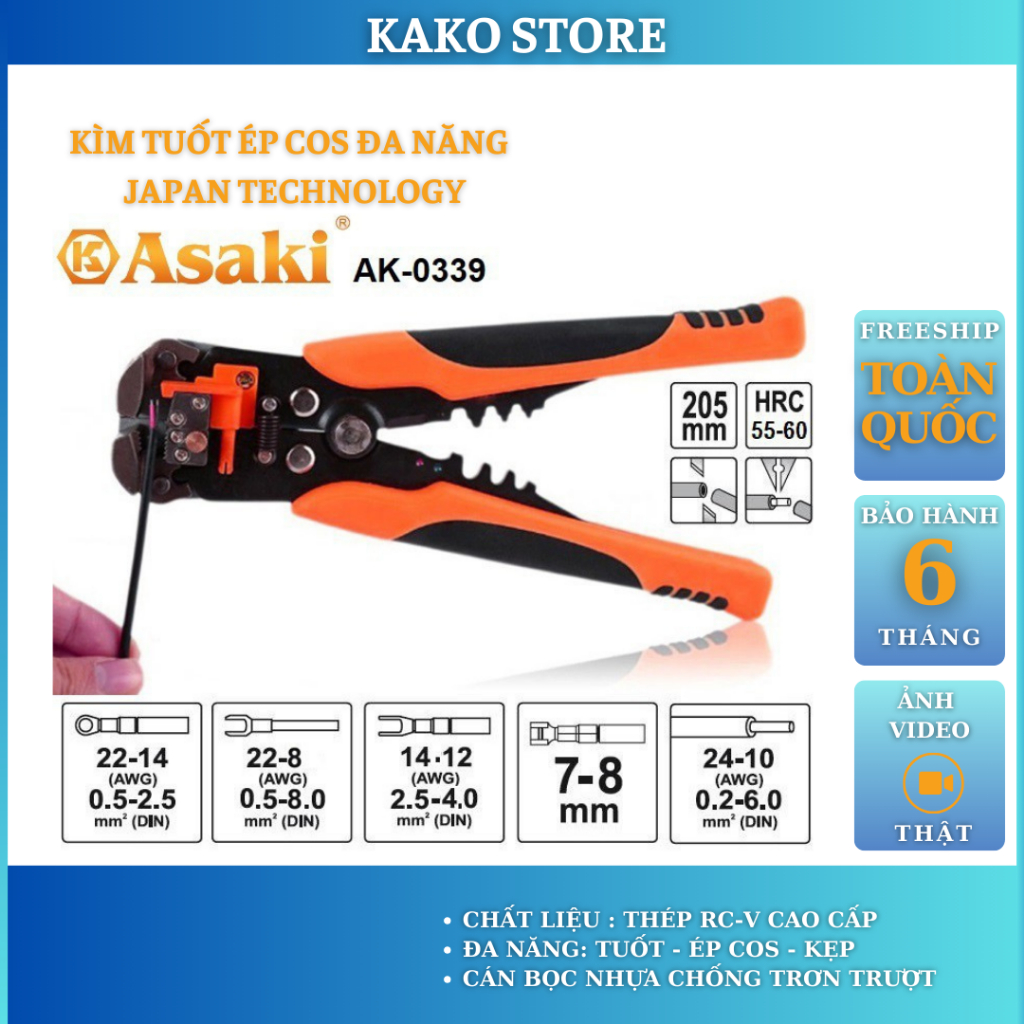 Kìm tuốt dây điện tự động, đa năng; Cắt cáp điện, bấm cos Asaki AK-0339 và 9100, kako store ...