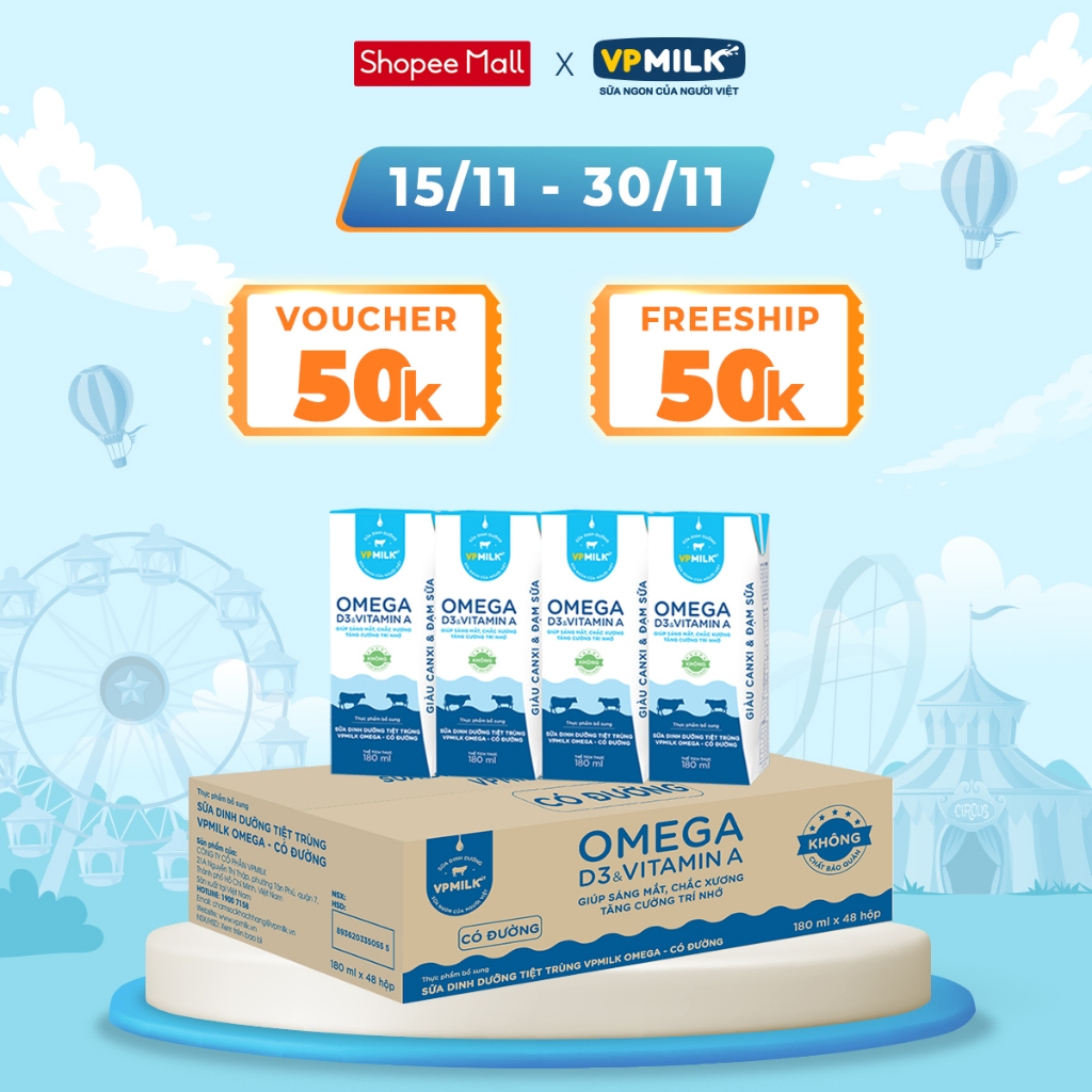 Sữa Dinh Dưỡng Tiệt Trùng VPMilk Omega Có Đường dạng hộp 180ml (thùng 48 hộp) | Shopee Việt Nam