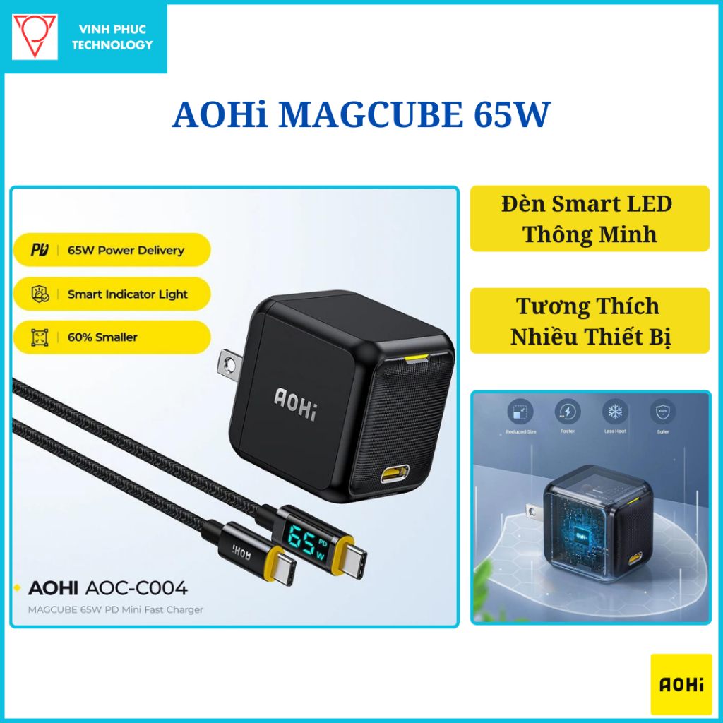 Bộ Sạc Nhanh AOHi 65W GaN4 Type C - Hỗ Trợ Sạc PD/QC/FCP, Có Đèn Báo Khi Sạc - Chính Hãng ...
