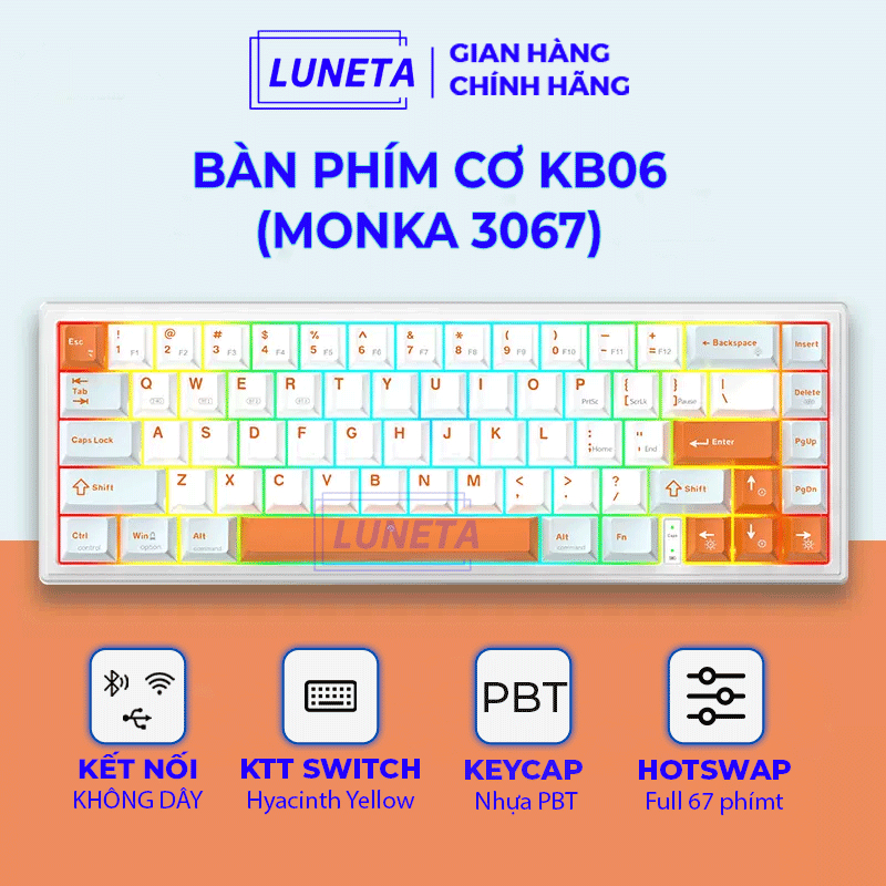 Bàn Phím Cơ Không Dây 3 Mode Led RGB Hotswap Keycap PBT 67 Phím Monka ...