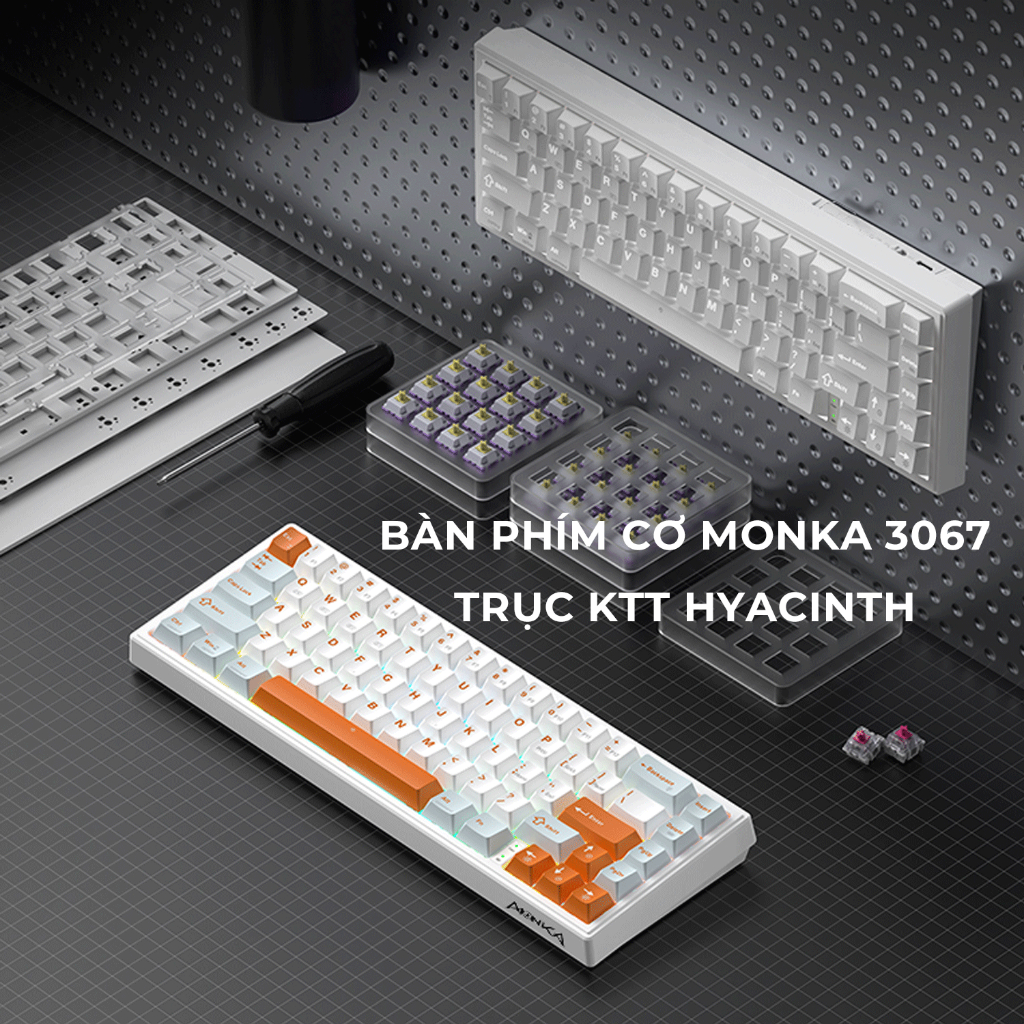Bàn Phím Cơ Không Dây 3 Mode Led RGB Hotswap Keycap PBT 67 Phím Monka ...