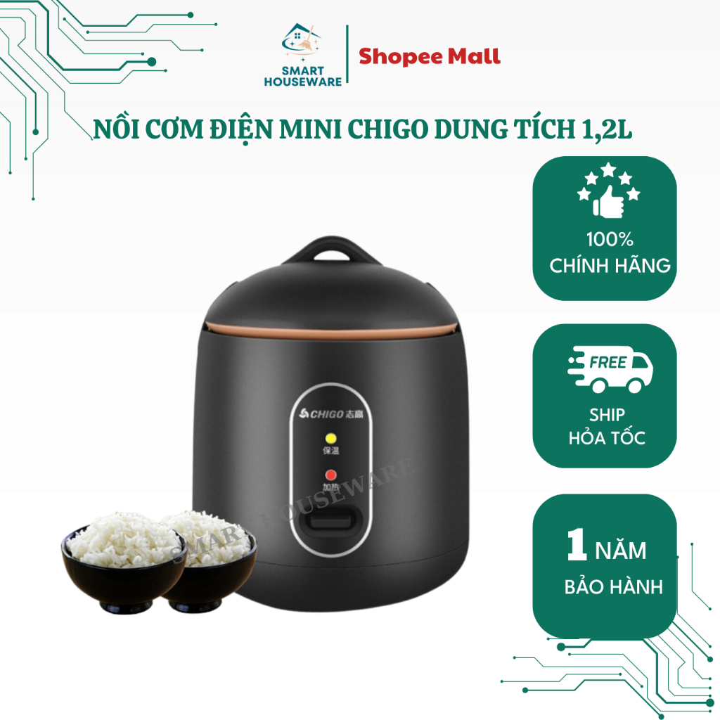 Nồi cơm điện mini tráng chống dính CHIGO, nấu hầm súp cháo đa năng, dung tích 1,2L BH 12 THÁNG ...