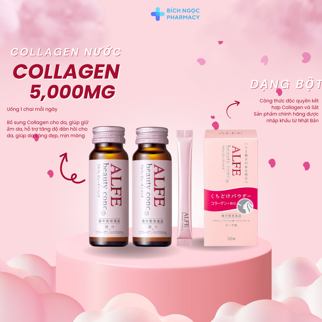 Nước uống Collagen giúp hỗ trợ trắng da cải thiện nếp nhăn Alfe Beauty Conc Hộp 10 chai x 50 ml ...