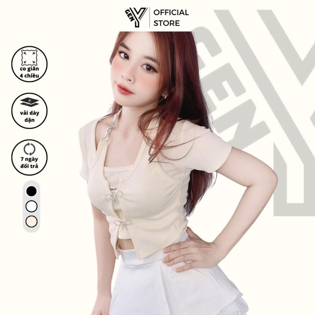 Áo croptop nữ ngắn tay cổ yếm phối xích LIBII Áo kiểu nữ ôm body phối khoen trước ngực vải mềm ...