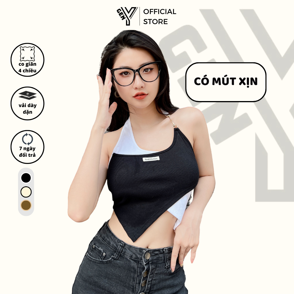 Áo yếm hở lưng form croptop nữ GenY có mút ngực phối màu vạt chéo, Áo croptop nữ cổ yếm C28 ...