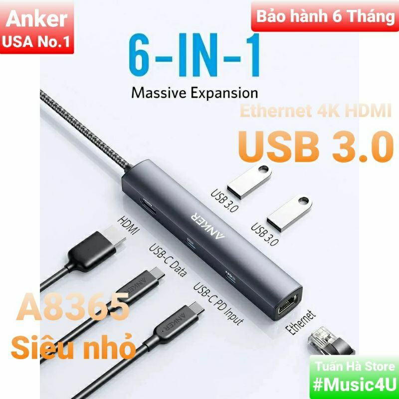 Bộ Hub Anker A8365 6 in 1 Anker USB Type C ra Ethernet HDMI 4K@30Hz USB 3.0 PD cho Samsung dex ...