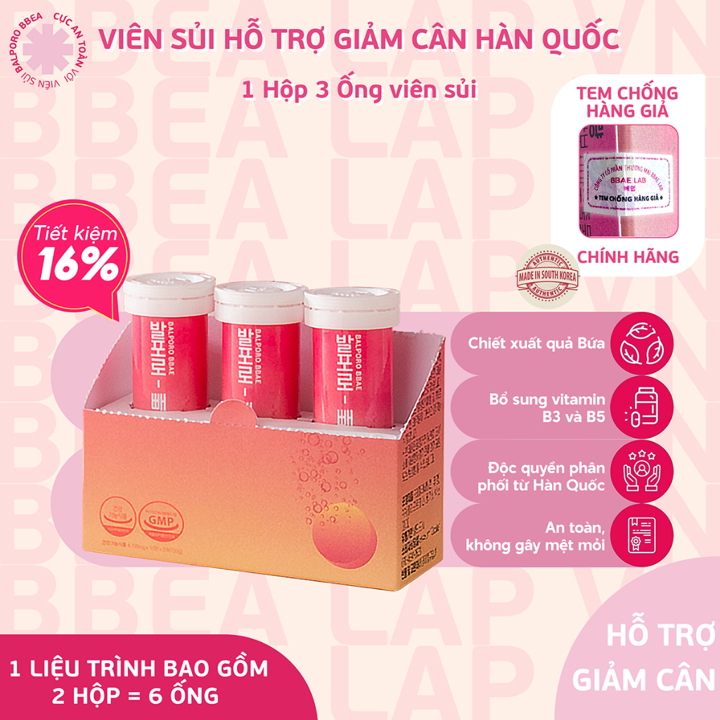 Viên sủi uống hỗ trợ giảm cân hiệu quả chính hãng Balporo BBae Hàn Quốc lọ 10 viên, hộp 3 lọ ...