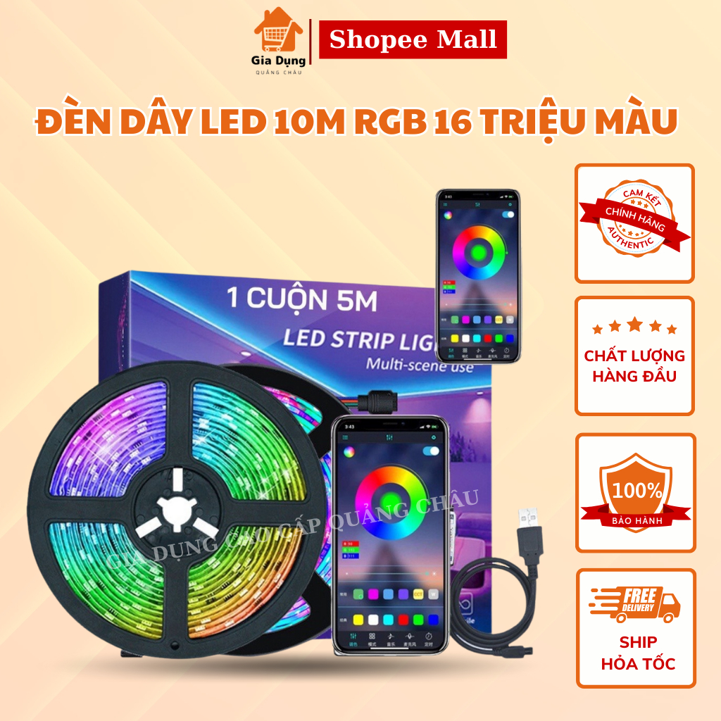 Đèn dây led 10m RGB 16 triệu màu điều khiển bằng điện thoại, nháy theo nhạc, cuộn dây led đổi ...