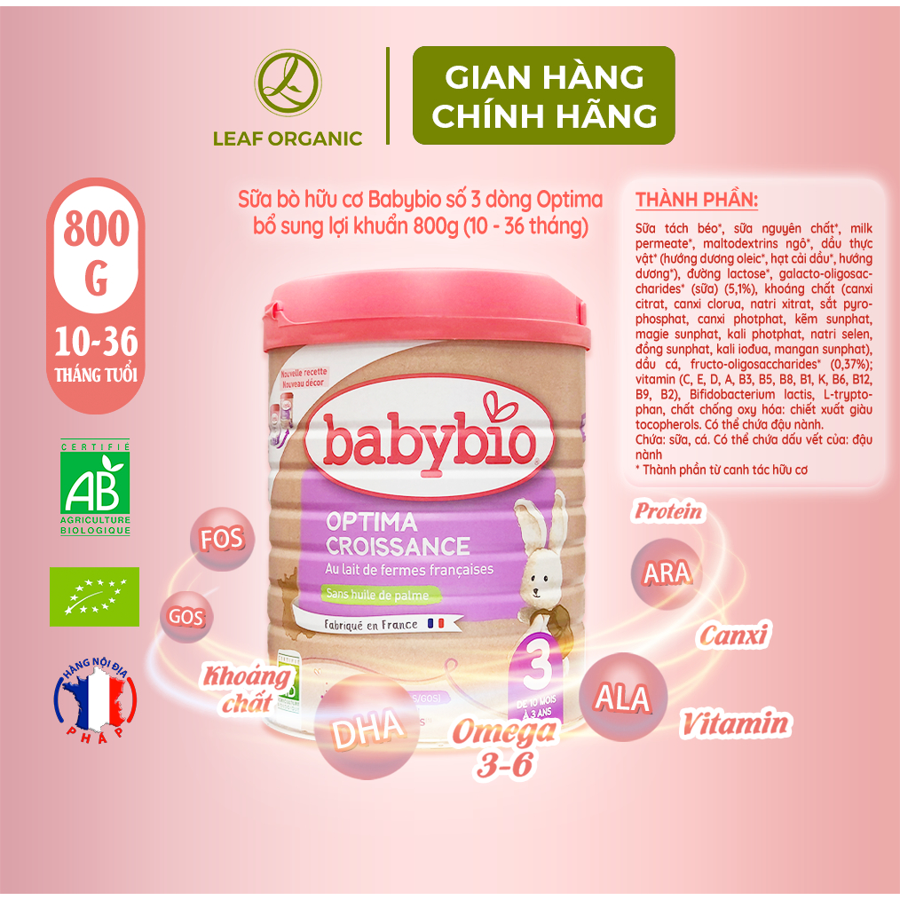 Sữa bò hữu cơ tăng trưởng Babybio số 3 dòng Optima bổ sung lợi khuẩn 800g (10 - 36 tháng ...