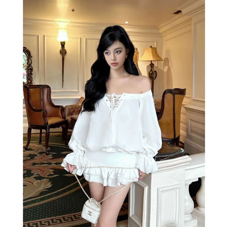 Set áo babydoll trễ vai đan dây + Chân váy xoè 2 tầng - Gabriel Set AMELIE | Shopee Việt Nam