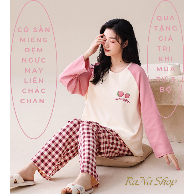 Bộ đồ mặc nhà có đệm ngực cho nữ quần áo mặc ngủ chất liệu cotton mềm ...