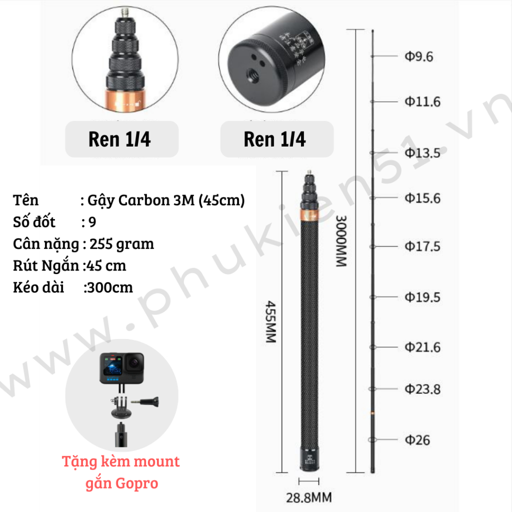 Gậy 1.5M/3M Carbon Fiber tàng hình kéo dài dành cho Insta360, GoPro Max cứng cáp siêu nhẹ ...
