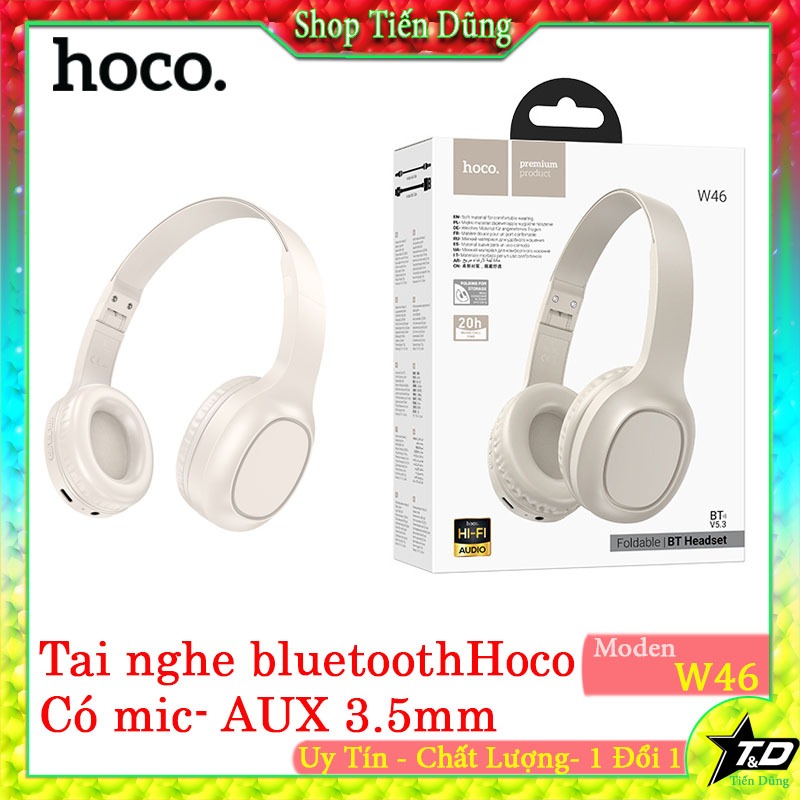 Tai nghe chụp tai Hoco W46 có bluetooth v5.3, cổng AUX 3.5mm, micro đàm thoại,, nút tăng giảm âm ...