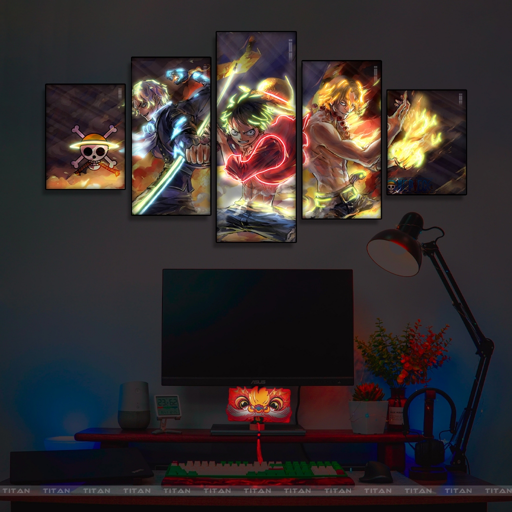 Bộ 5 tranh dán tường ghép Neon (Giả led) chủ đề One Piece, chất liệu ...