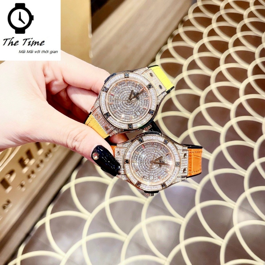 Đồng hồ H/u/b Nữ Máy pin Dây Da silicon Cam/Vàng đính đá size 34mm ...