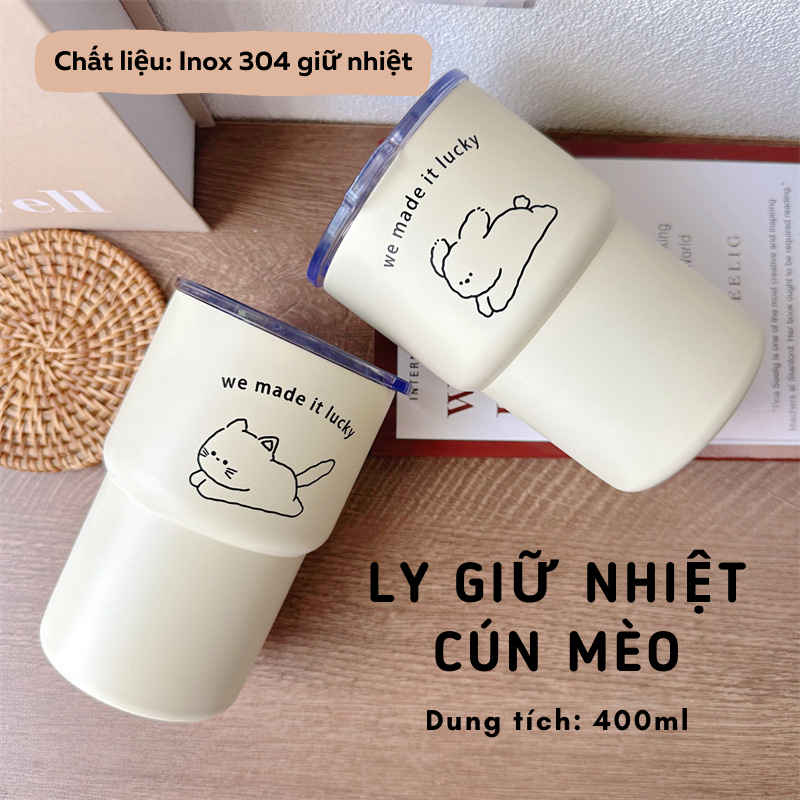 Ly inox giữ nhiệt 400ml, nắp chống tràn mẫu Cún mèo | Shopee Việt Nam