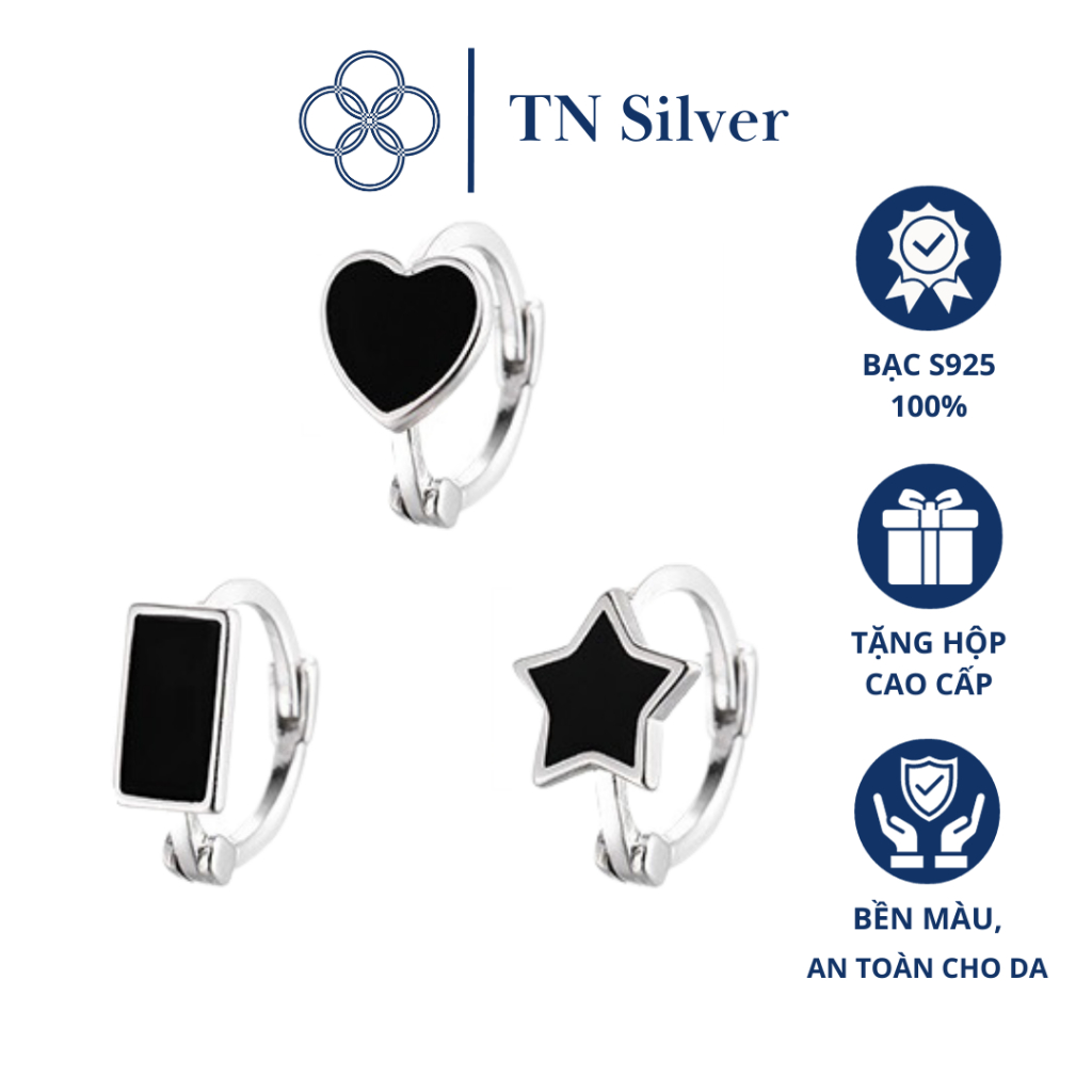 Bông Tai Bạc 3 Mẫu Trái Tim Vuông Ngôi Sao Bạc S925 TN SILVER Combo 3 Mẫu Khuyên Tai Bạc Sơn Đen ...