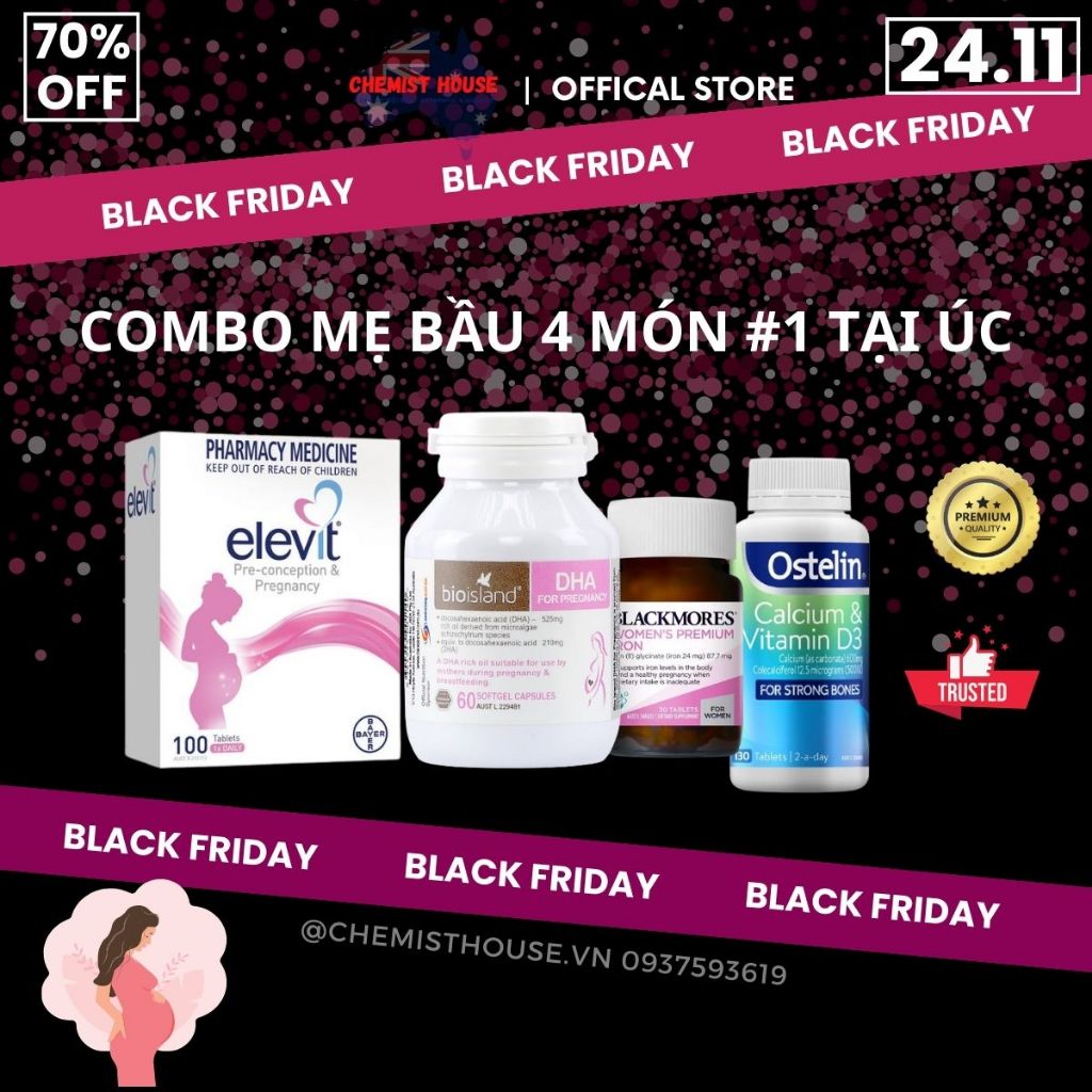 Combo Vitamin cho Mẹ Bầu 4 món (Elevit bầu hồng tổng hợp + DHA Bio ...