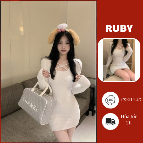 Đầm Body Ruby Lông Trắng Phối Dây Đan Chéo Dài Tay, Đầm Ôm Dáng Thu Đông Phong Cách Gợi Cảm ...