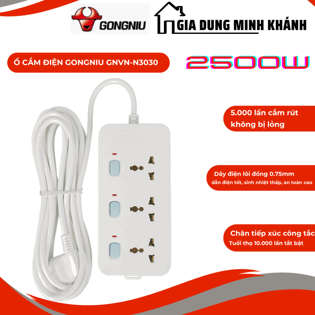 Ổ cắm điện Gongniu N3030 – 3 Ổ đa năng 3 công tắc, 2500W, tắt mở 10.000 lần, an toàn, chống cháy ...